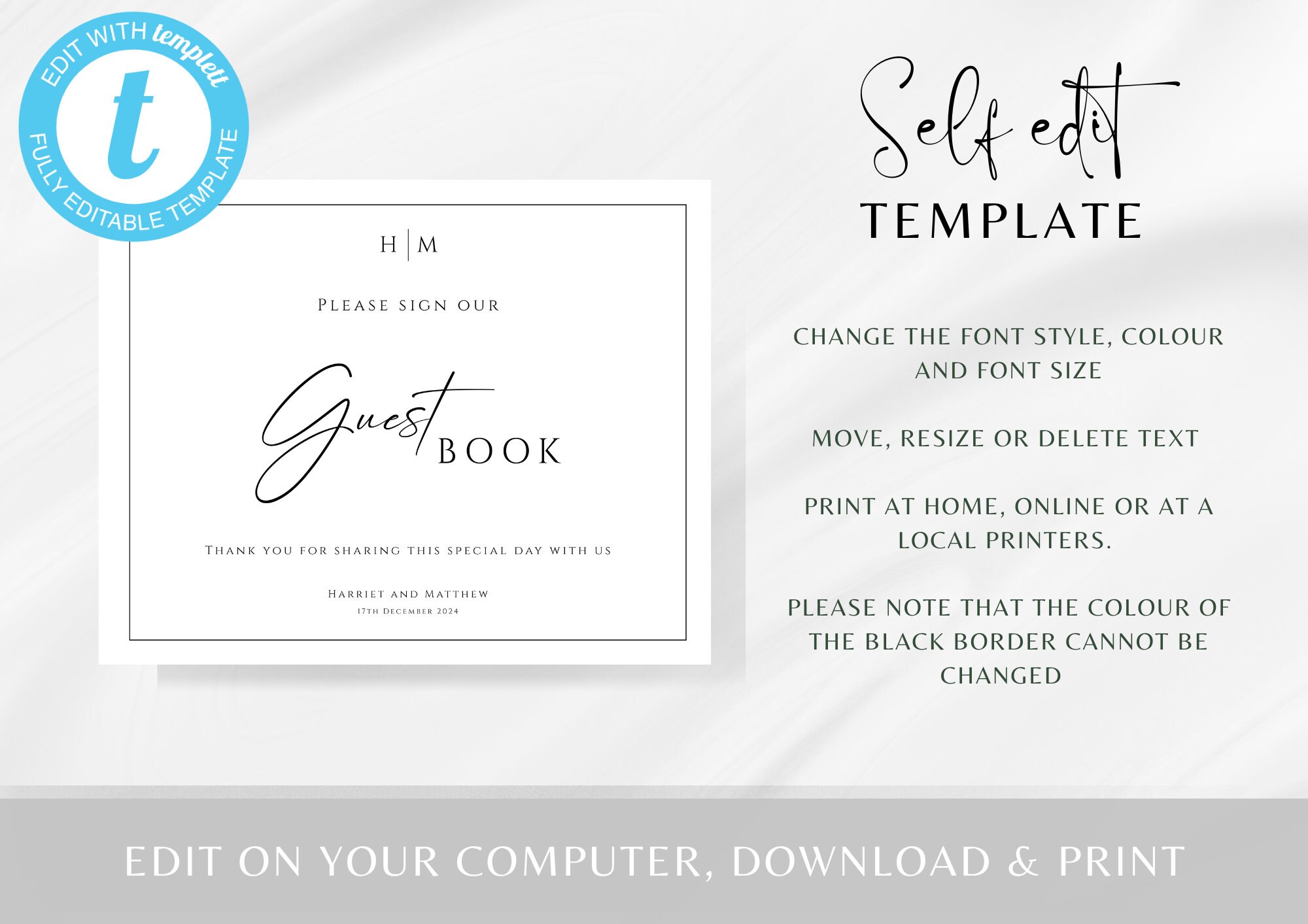 Monogram Wedding Guest Book Sign Template, Elegant Guestbook Printable ...