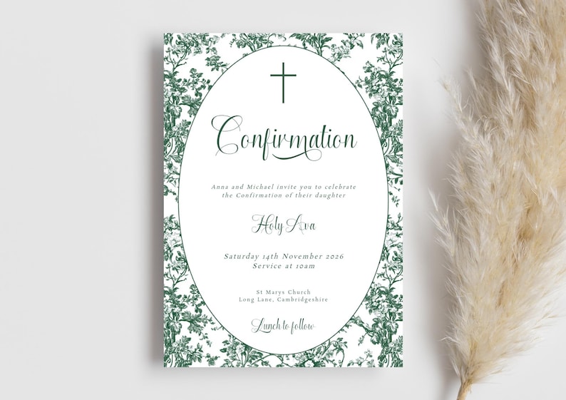 Green Toile Confirmation Invitation Template: Vintage Floral (digital ...