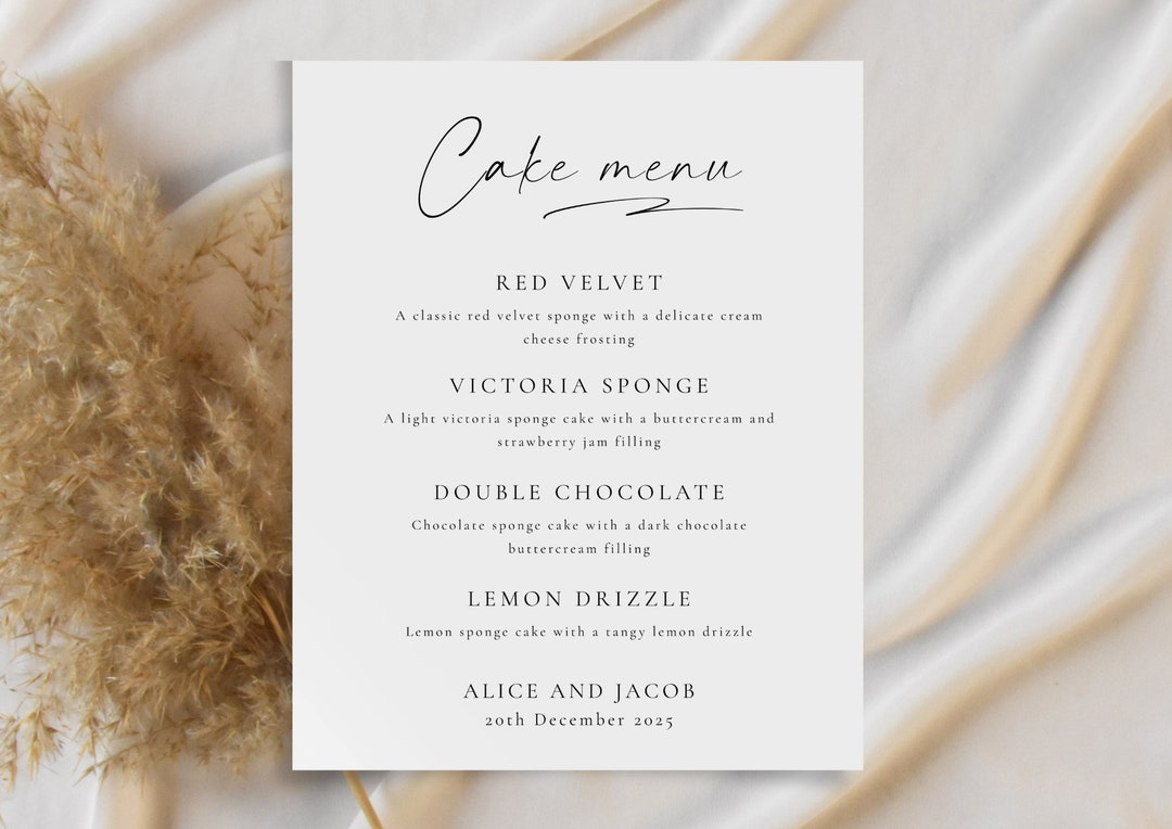 Mordern Cake Menu Printable Template, Wedding Cake Flavour Sign, Simple ...