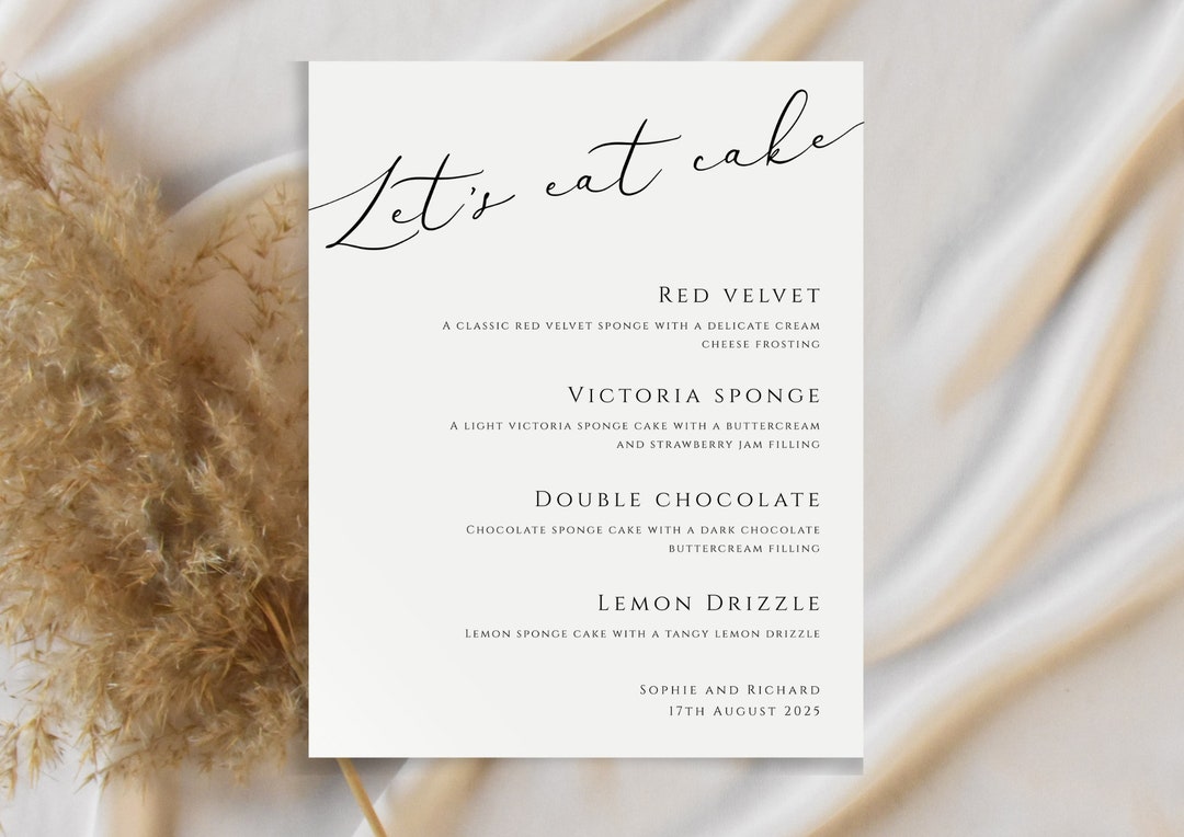 Cake Menu Sign Template, Wedding Let's Eat Cake Menu Printable, Elegant ...