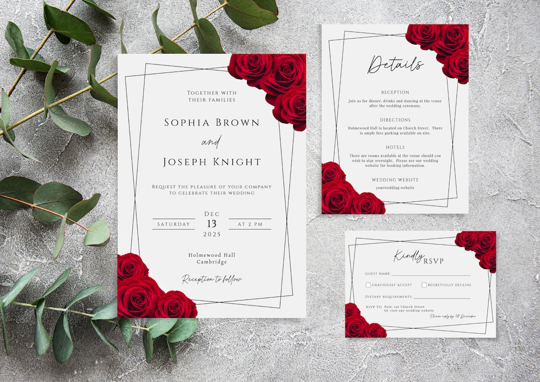 Red Rose Wedding Invitation Template Set, Red Floral and Black Border ...