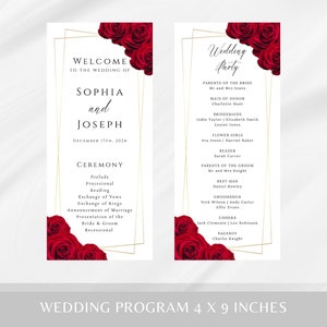 Wedding Program Template, Red Rose Wedding Ceremony Program, Gold Frame Printable Double Sided ...