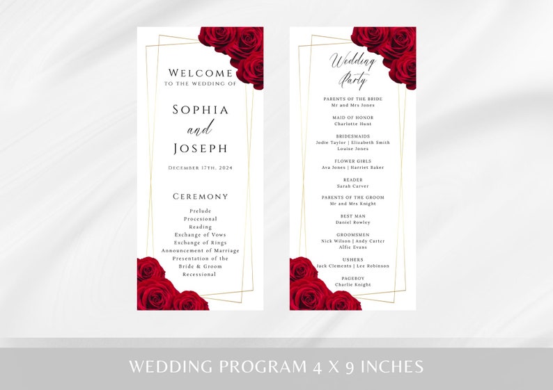 Wedding Program Template, Red Rose Wedding Ceremony Program, Gold Frame ...