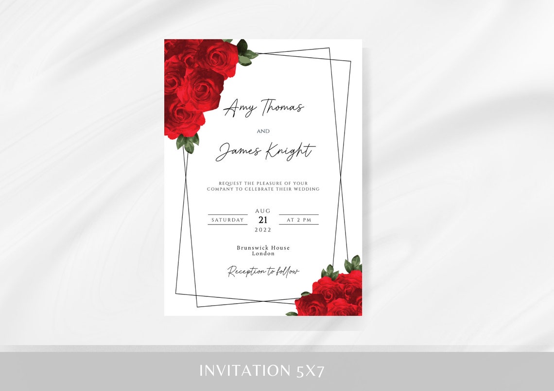 Red Wedding Invitation Template With Roses, Red Floral Black Frame ...