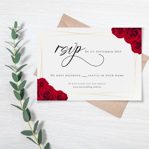 Red and Gold Wedding Rsvp Card Template, Printable Red Rose and Gold ...