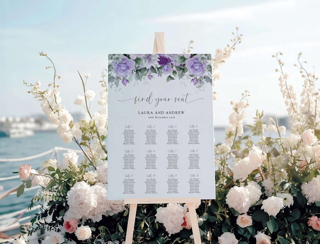 Purple Table Plan Template, Wedding Editable Seating Chart Sign, Lilac ...