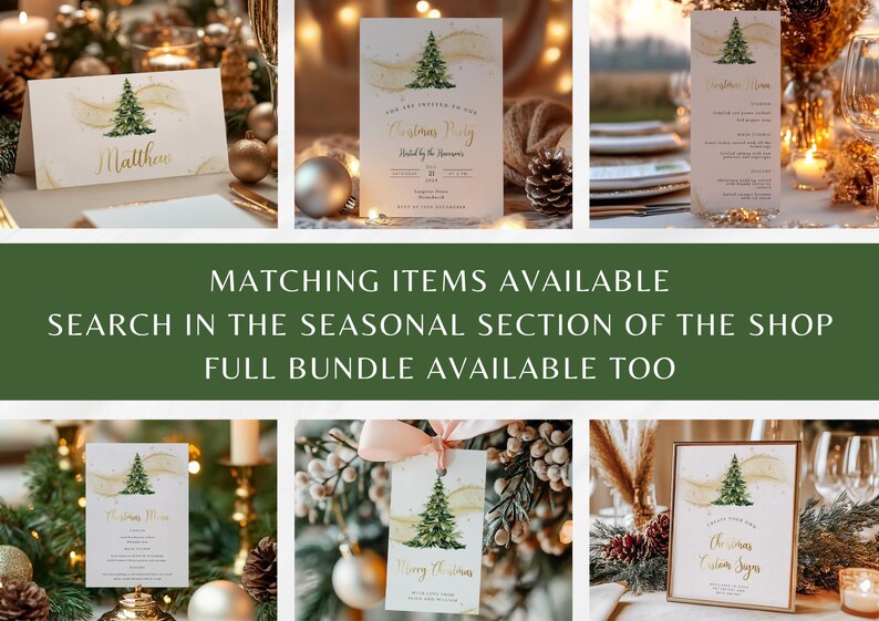 Christmas Tree Menu Template, Printable Green & Gold Festive Dinner Party, DIY 5x7 8x10 ...