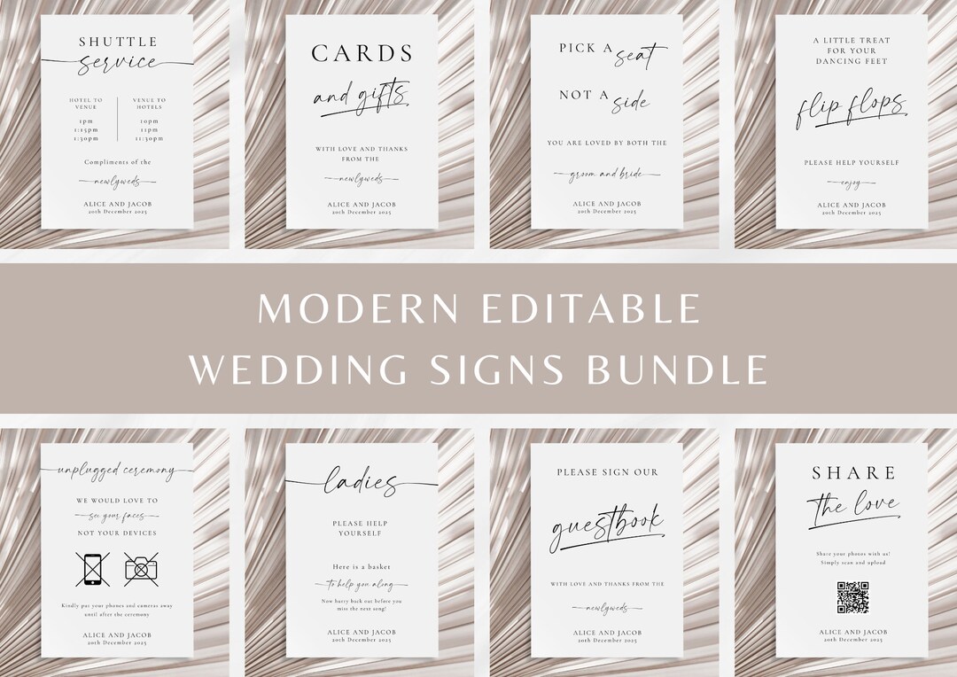 Simple Wedding Signs Bundle, Diy Printable Templates, Editable Wedding ...