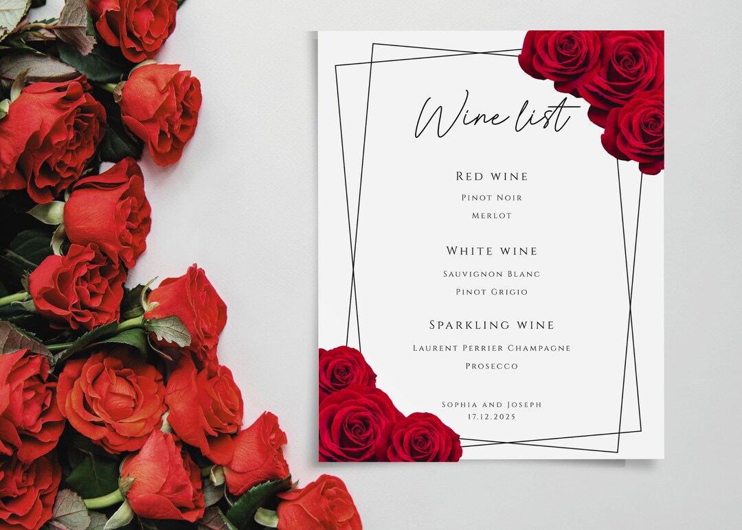 Red Wine Menu Sign Template, Red Rose Wedding Wine List Sign Printable ...