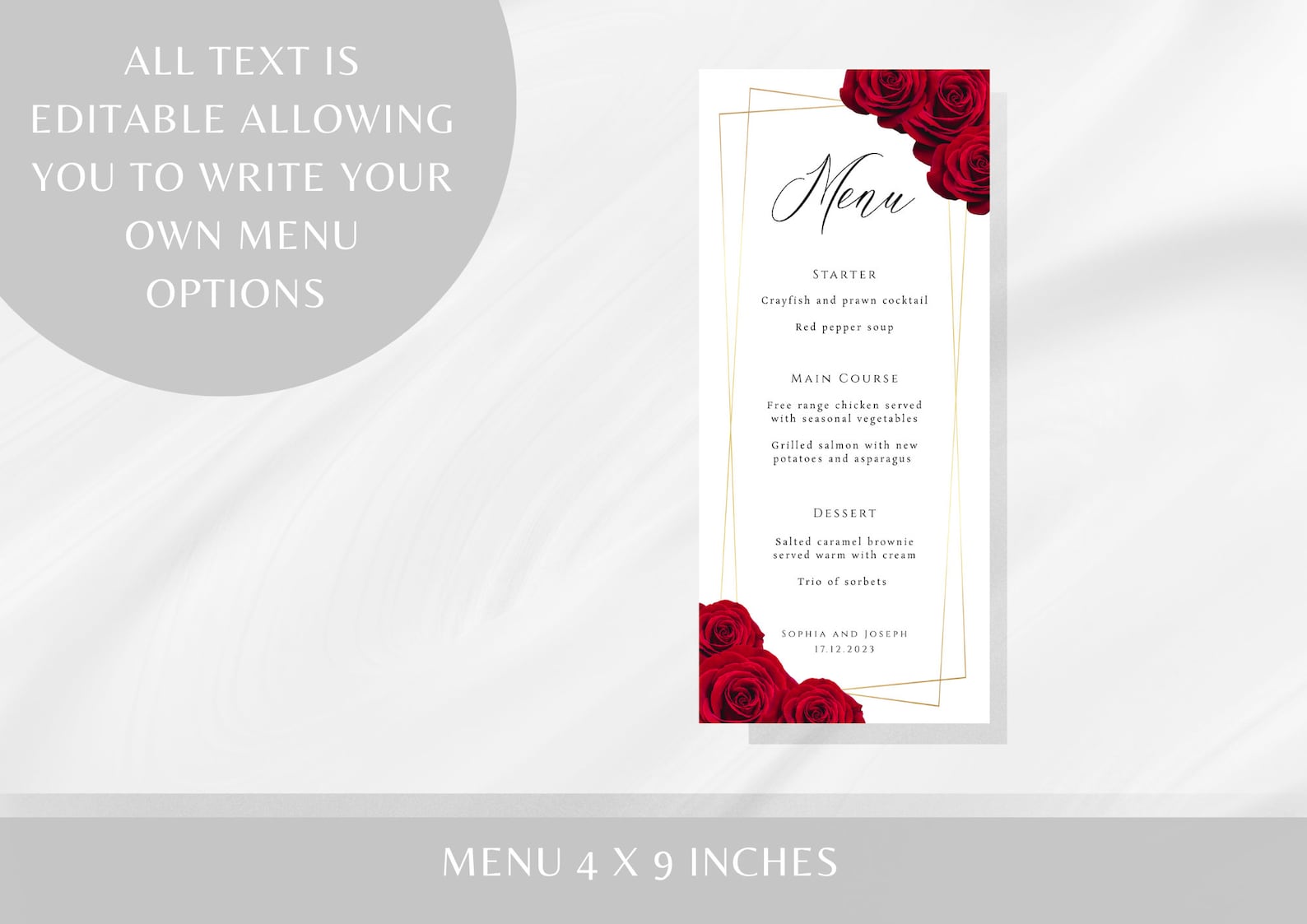 Red and Gold Wedding Menu Template, Red Rose Tall Wedding Menu Sign ...