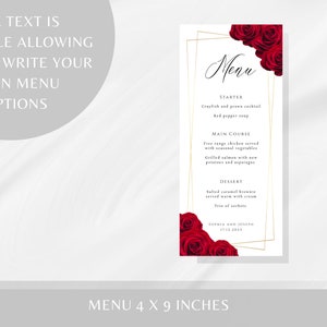 Red and Gold Wedding Menu Template, Red Rose Tall Wedding Menu Sign ...