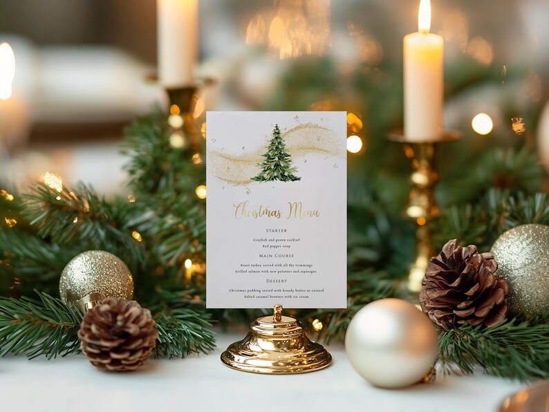 Christmas Tree Menu Template, Printable Green & Gold Festive Dinner ...