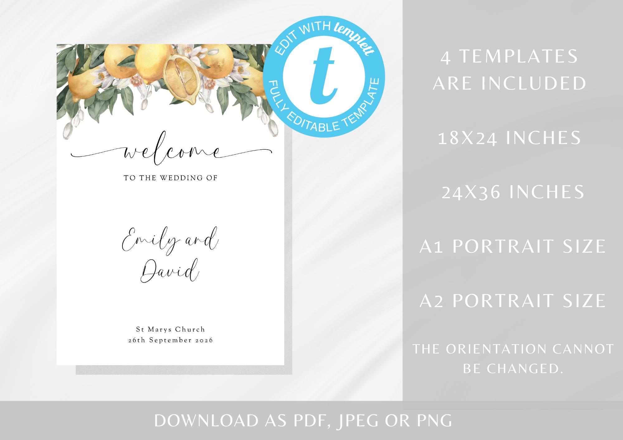 Lemon Wedding Welcome Sign Template, Lemons and Greenery Diy Printable ...