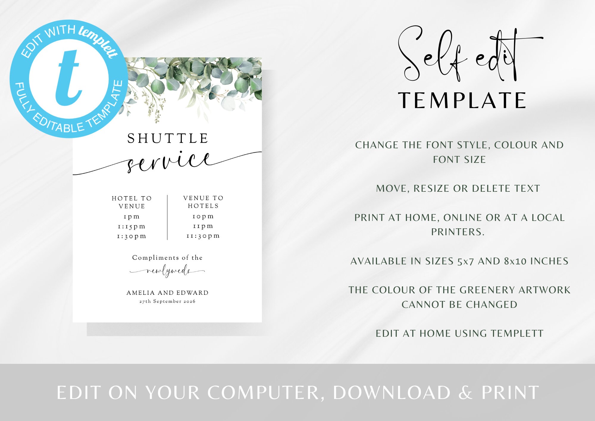 Eucalyptus Wedding Shuttle Bus Sign Template: Printable Greenery ...