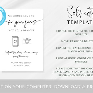 Wedding No Devices Sign Template, Modern Unplugged Ceremony Printable ...