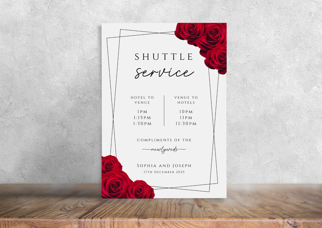 Wedding Shuttle Sign Template, Red Rose Wedding Transportation ...