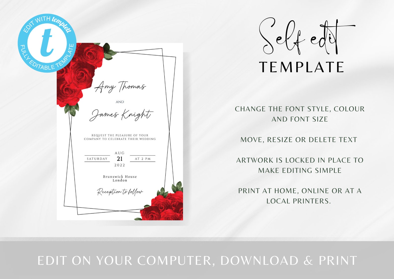 Red Wedding Invitation Template With Roses, Red Floral Black Frame ...