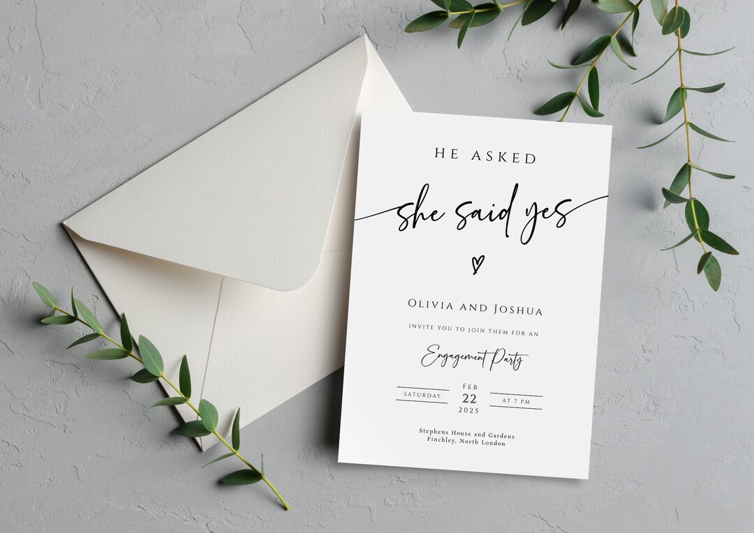 Engagement Party Invitation Template, Modern He Asked She Said Yes ...