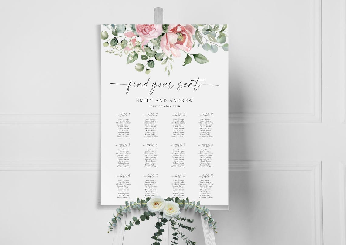 Pink Wedding Table Plan Template, Editable Seating Chart, Peony Floral ...