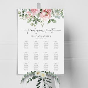 Pink Wedding Table Plan Template, Editable Seating Chart, Peony Floral ...