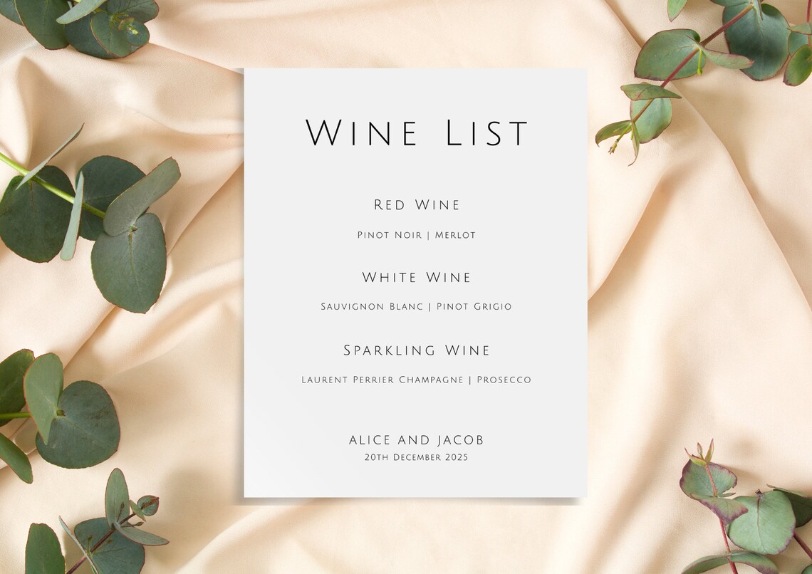 Wine List Printable Sign Template, Editable Wedding Wine Menu Sign ...