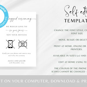 Wedding Unplugged Ceremony Printable Sign Template, Editable Table Top ...
