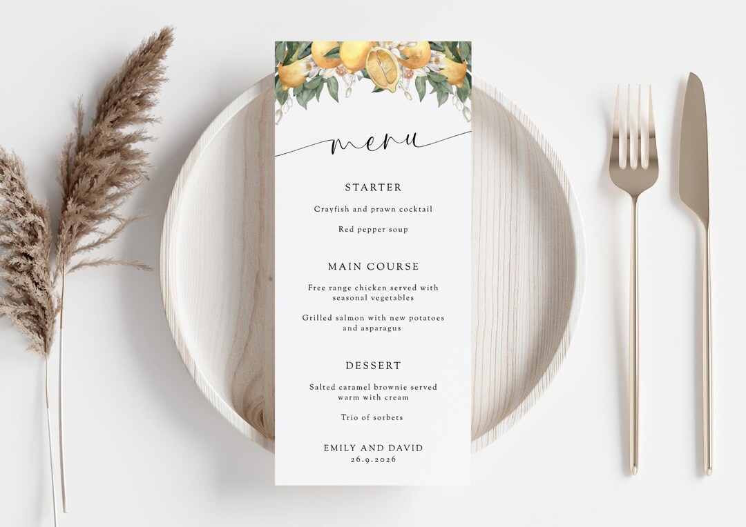 Modèle de menu de mariage citron, menu du dîner modifiable grand citron ...