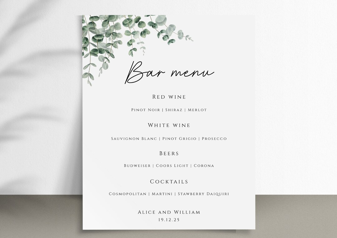Wedding Bar Menu Template, Eucalyptus Drinks Menu Sign, Printable ...