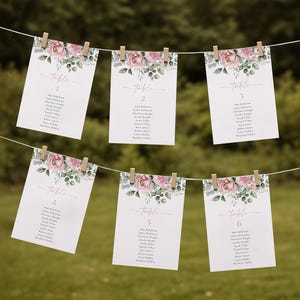 Pink Seating Chart Cards Template, Wedding Pink Peony Floral and ...