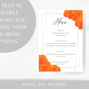 Orange and Gold Menu Template, Orange Rose Tall Wedding Menu Sign, 5x7 ...