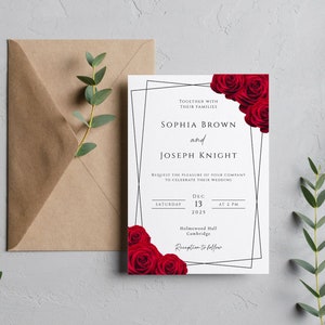 Red Wedding Invitation Template, Printable Red Rose & Black Border ...