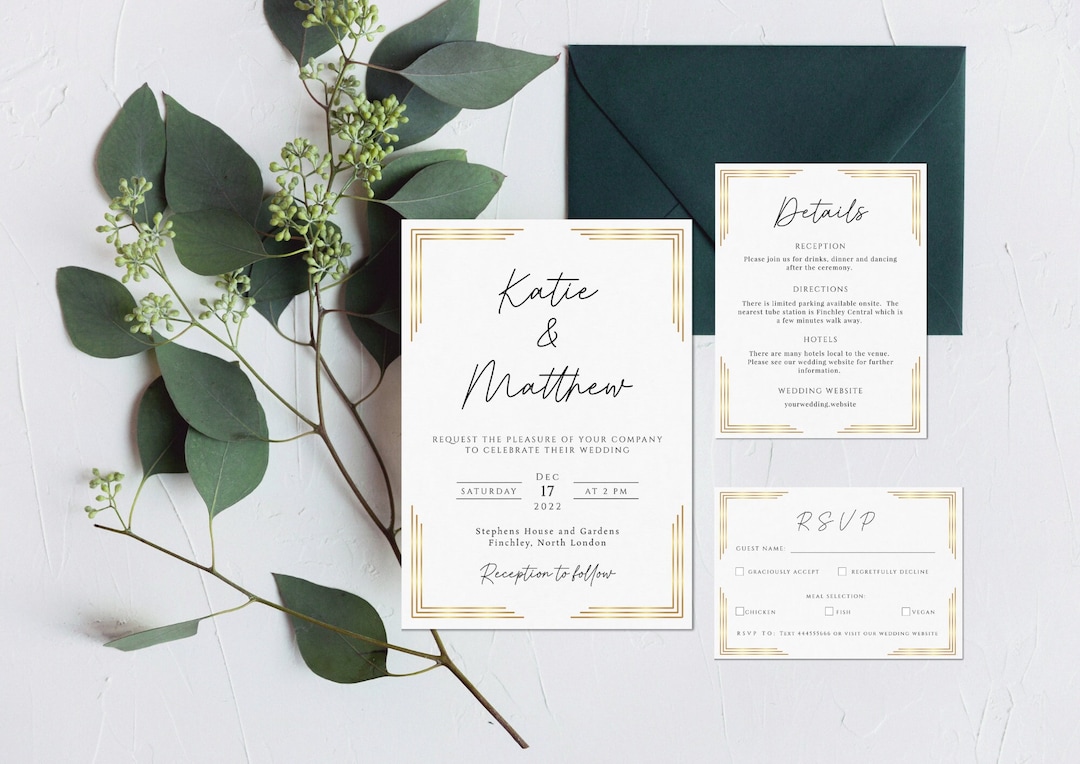 Gold Wedding Invitation Template Set, Gold Frame Wedding Invite Suite ...
