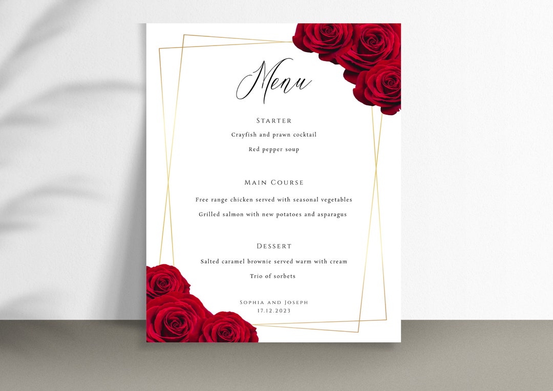 Red Rose Wedding Menu Template, Red and Gold Wedding Menu Card, Gold ...