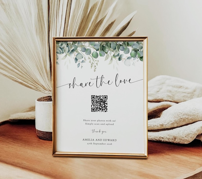 Eucalyptus Wedding Photo Share Sign Template: QR Code, Greenery ...