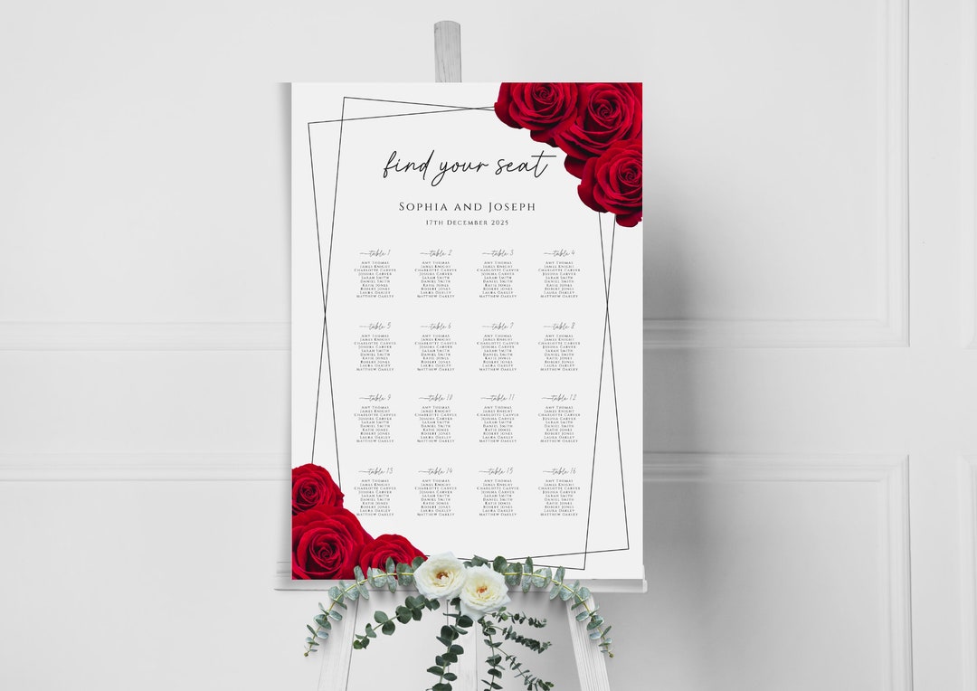 Red Rose Wedding Seating Chart Template, Wedding Table Plan Editable ...