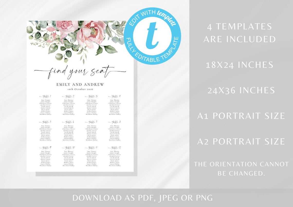 Pink Wedding Table Plan Template, Editable Seating Chart, Peony Floral ...
