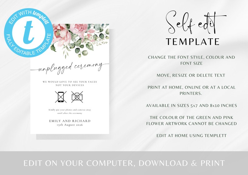 Pink Unplugged Ceremony Sign Template, Printable Wedding Ceremony No ...