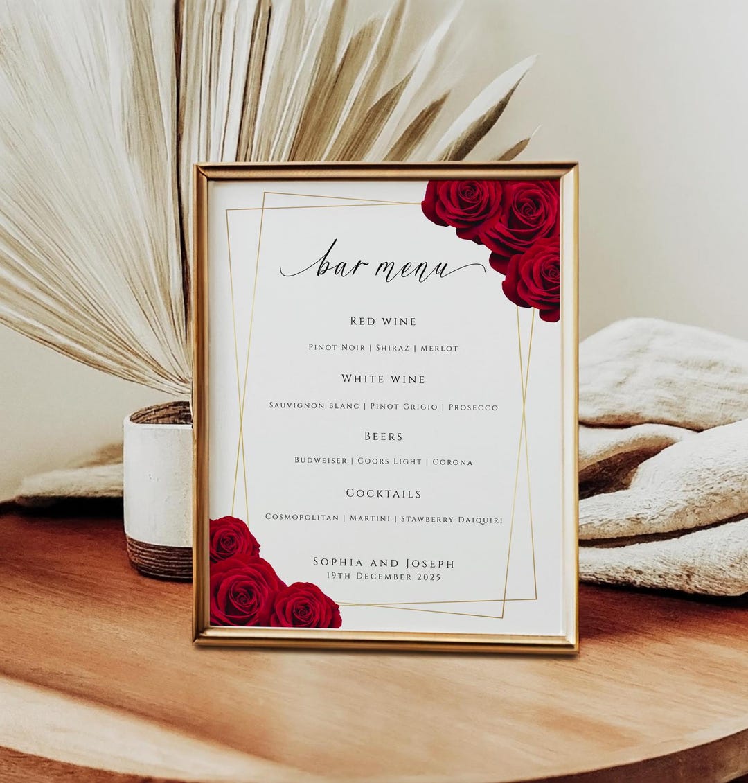 Red and Gold Wedding Bar Menu Template, Printable Red Rose Drinks Menu ...