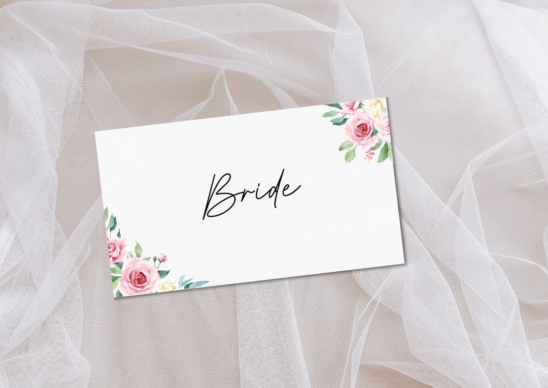 Pink Floral Place Card Template, Wedding Name Card, Editable Pink Rose ...