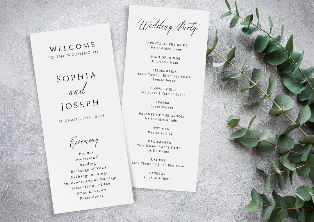 Modern Script Wedding Program Template, Printable Double Sided Order of ...