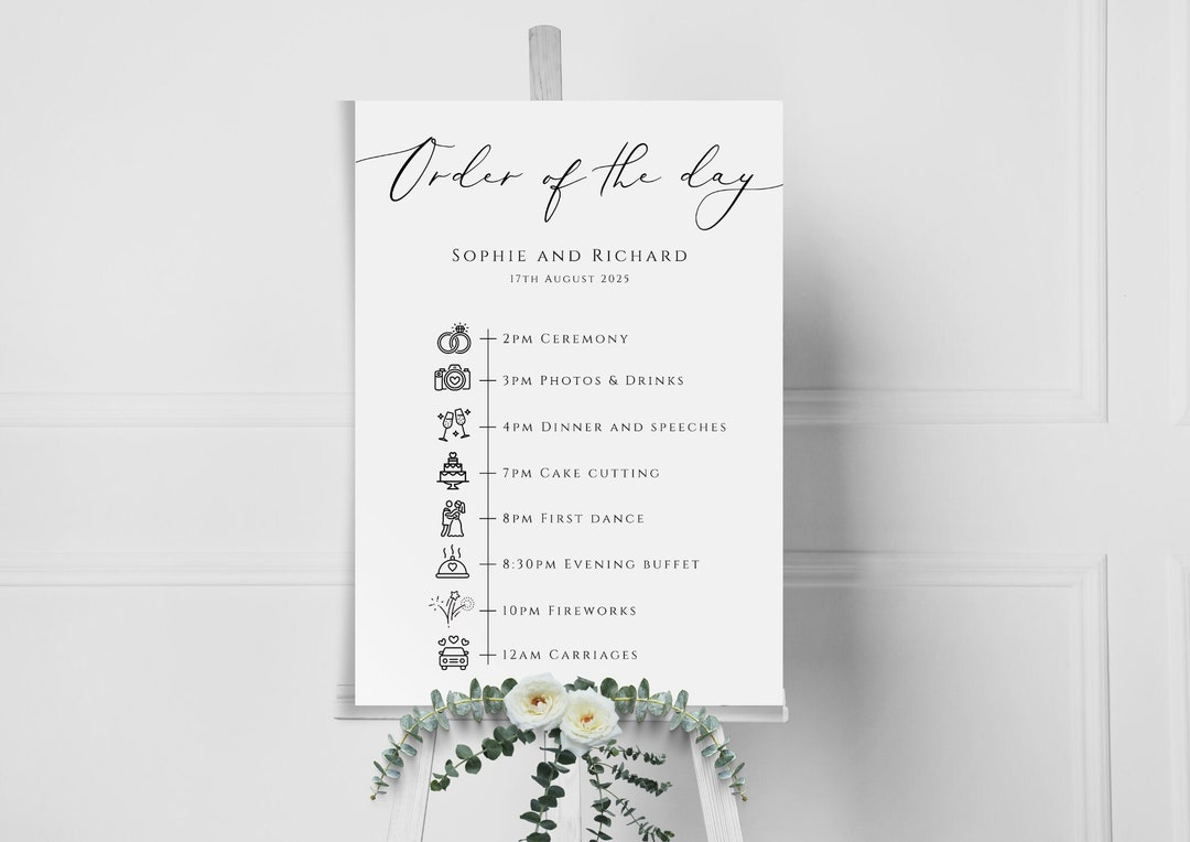 Wedding Order of the Day With Icons Sign Template, Large Wedding ...