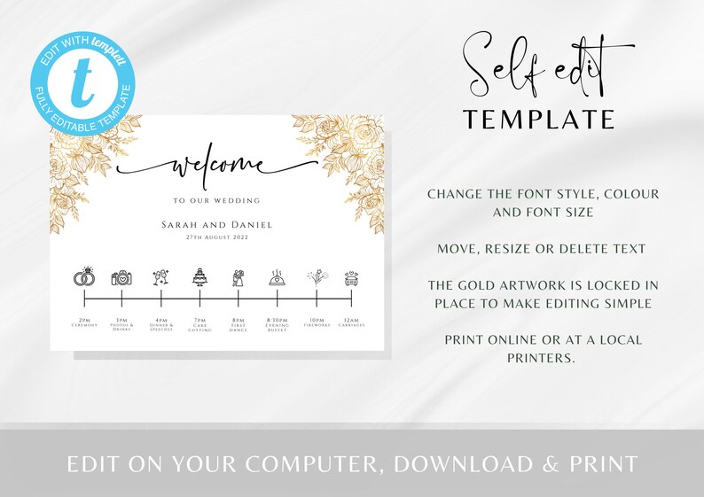 Gold Wedding Welcome Timeline Sign Template With Icons Gold - Etsy UK