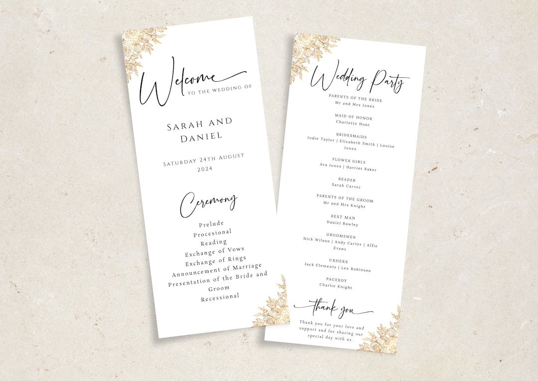 Tall Gold Wedding Program Template, Floral Wedding Order of Service, Printable Diy Ceremony Card ...