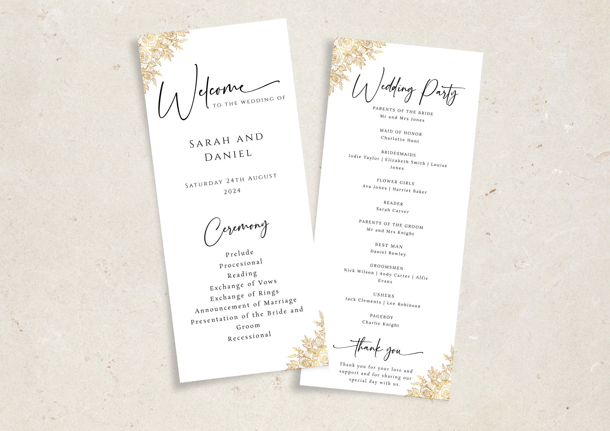 Tall Gold Wedding Program Template, Floral Wedding Order of Service ...
