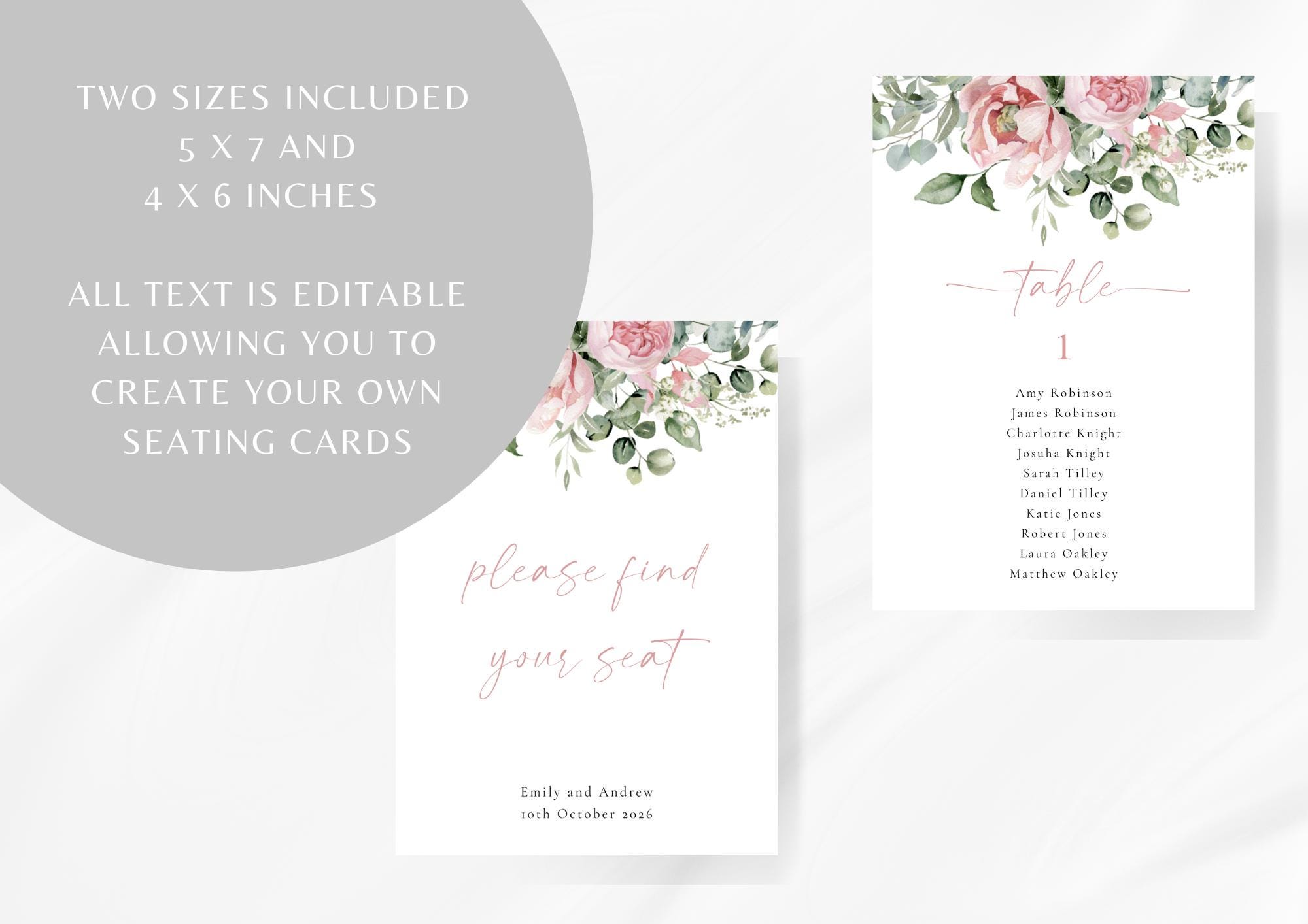 Pink Seating Chart Cards Template, Wedding Pink Peony Floral and ...