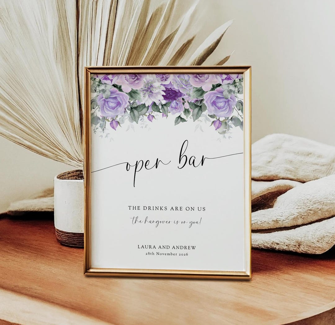 Purple Open Bar Sign Template, Floral & Eucalyptus Wedding Open Bar ...