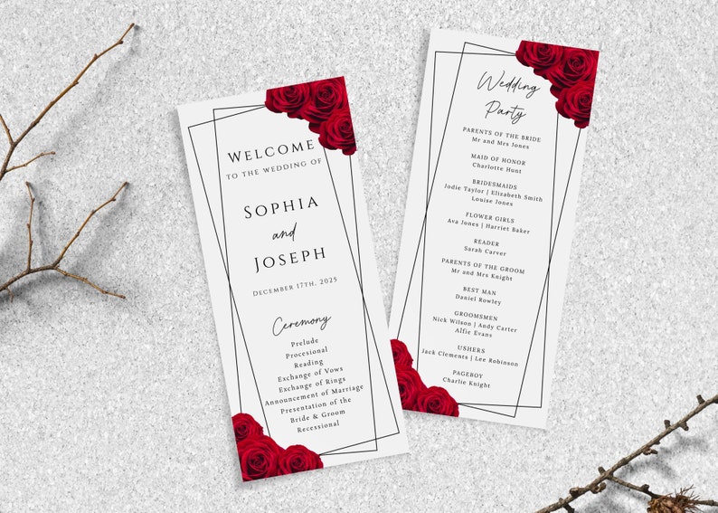 Wedding Program Template, Red Rose Wedding Order of Service, Tall ...