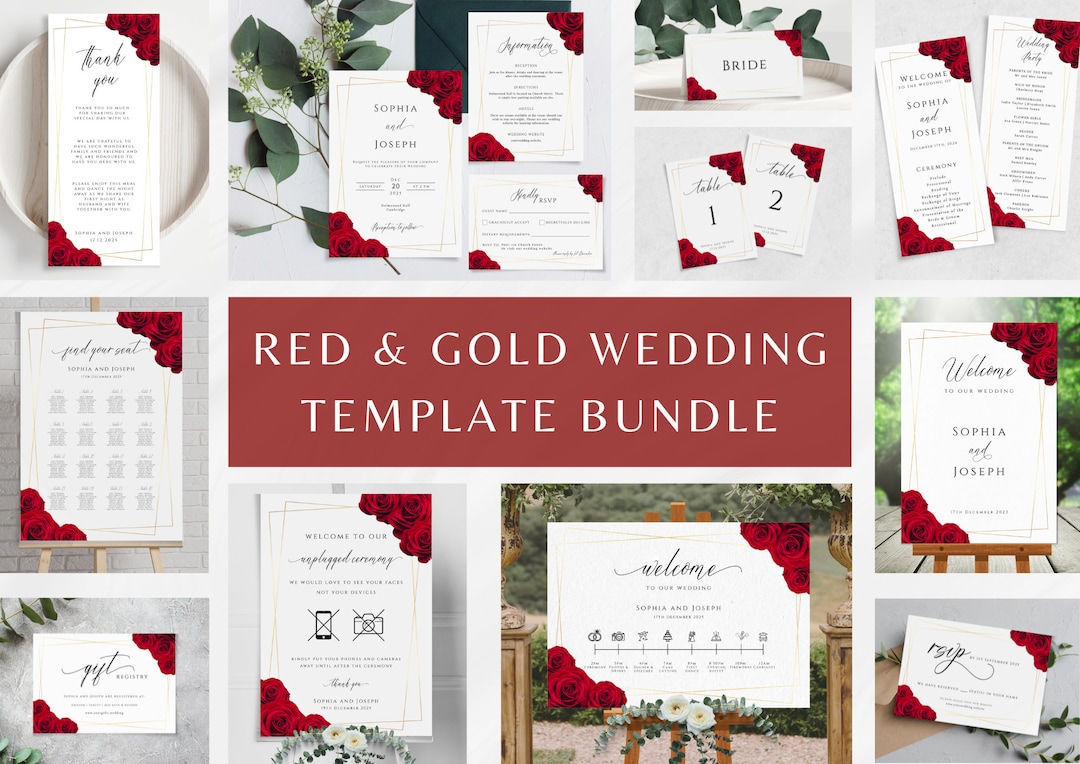 Red and Gold Wedding Template Bundle, Diy Printables, Red Rose and Gold ...