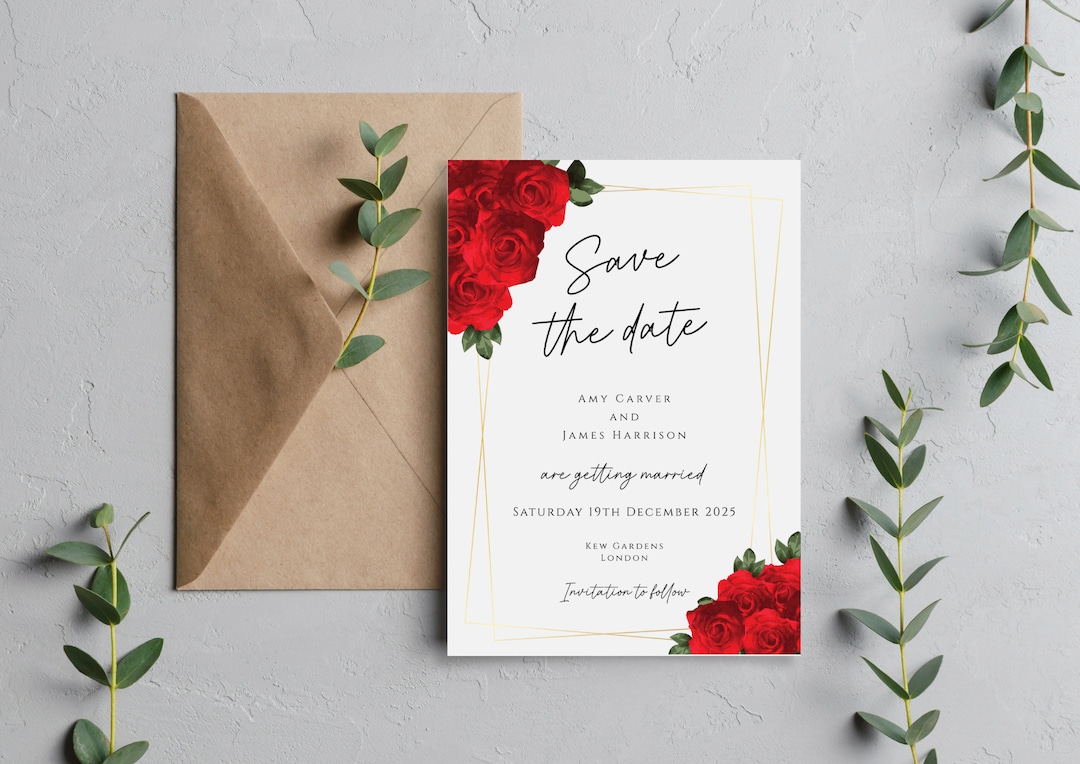 Red and Gold Save the Date Invitation Template, Red Rose Wedding Save ...
