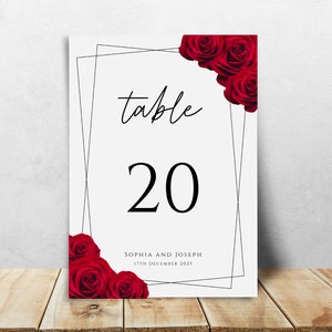 Red Rose Table Number Template, Wedding Table Number Printable Signs ...